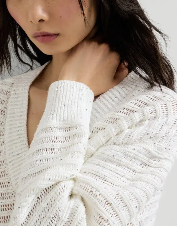 Brunello Cucinelli Open-work Embroidered V-neck Sweater