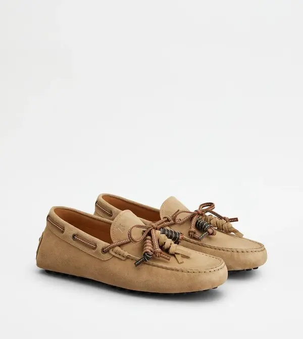 TOD'S Gommino Suede Loafers With Woven Tie - Brown