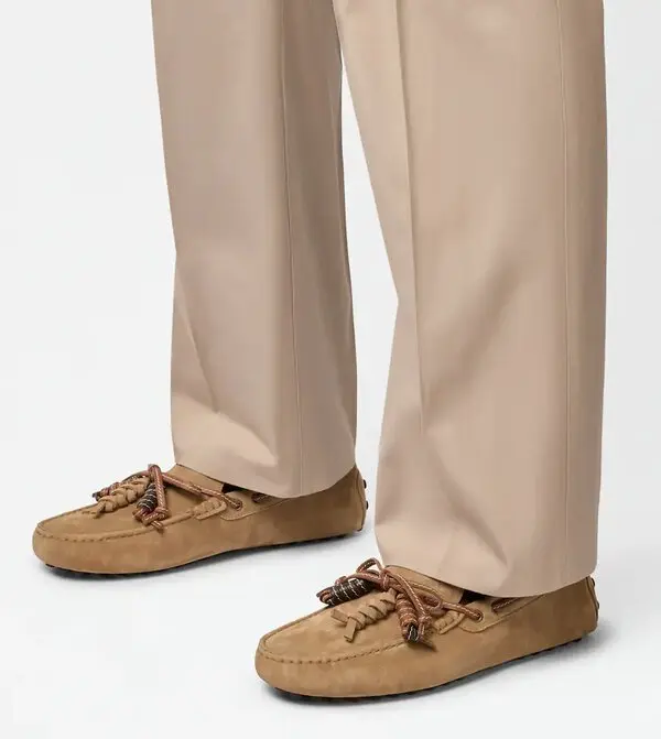 TOD'S Gommino Suede Loafers With Woven Tie - Brown