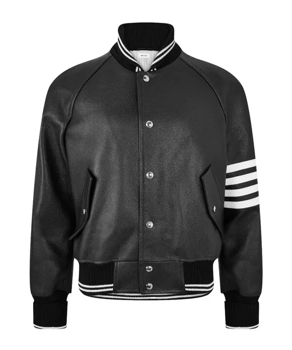 Thom Browne Grained Leather Varsity Jacket With Four-stripe Detail