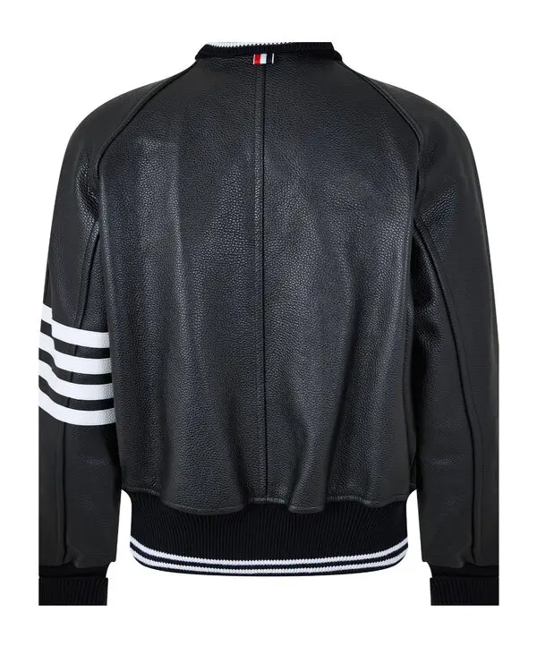Thom Browne Grained Leather Varsity Jacket With Four-stripe Detail