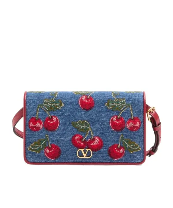 Valentino Garavani Vlogo Signature Mini Shoulder Bag In Denim With Cherryfic Embroidery - Blue