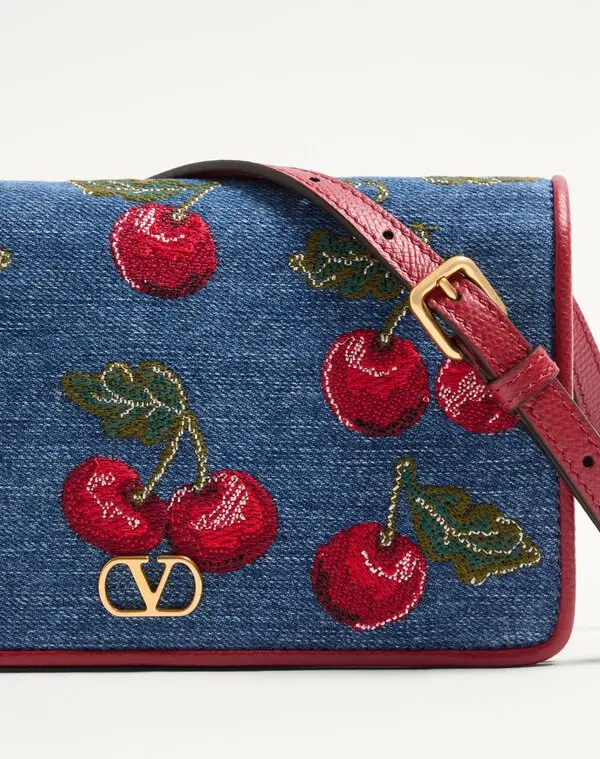 Valentino Garavani Vlogo Signature Mini Shoulder Bag In Denim With Cherryfic Embroidery