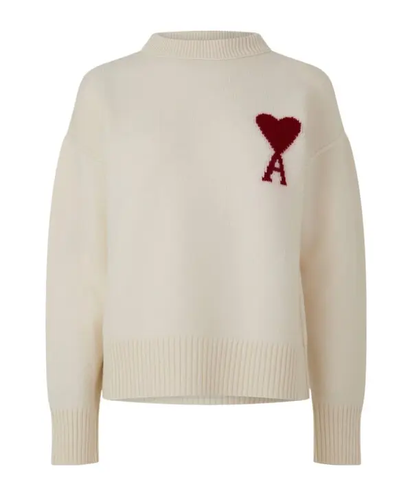 AMI Paris Off-white Crew-neck Knit Top With Embroidered Heart