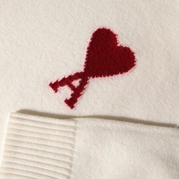 AMI Paris Off-white Crew-neck Knit Top With Embroidered Heart
