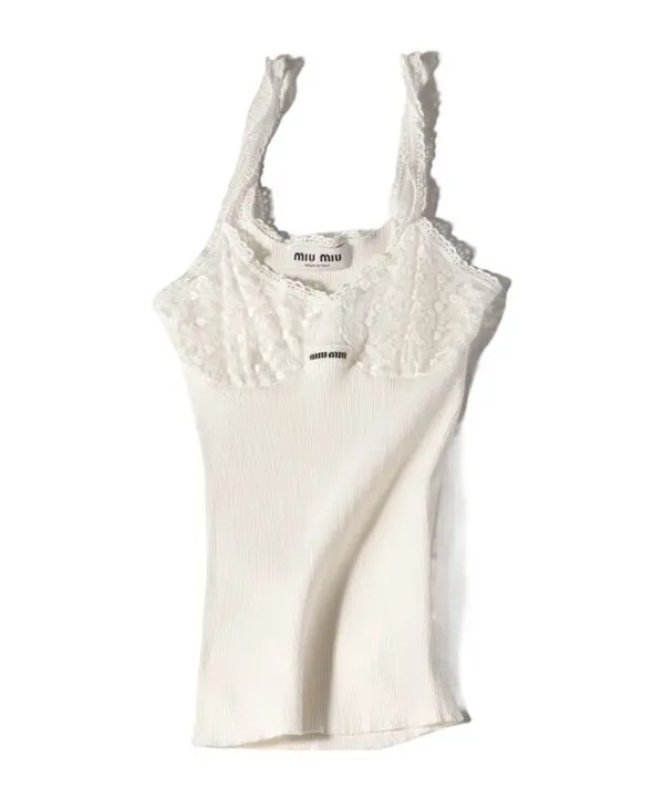 Miu Miu Ribbed Cotton Lace Trim Camisole - No