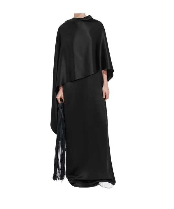 Bottega Veneta Fluid Silk Satin Maxi Dress With Integrated Shawl - Black