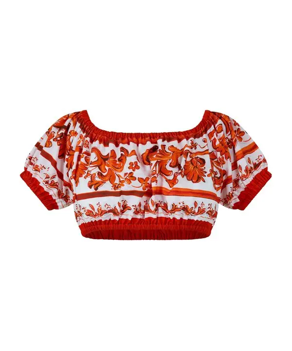Dolce & Gabbana Short Sleeve Off-shoulder Printed Cropped Top