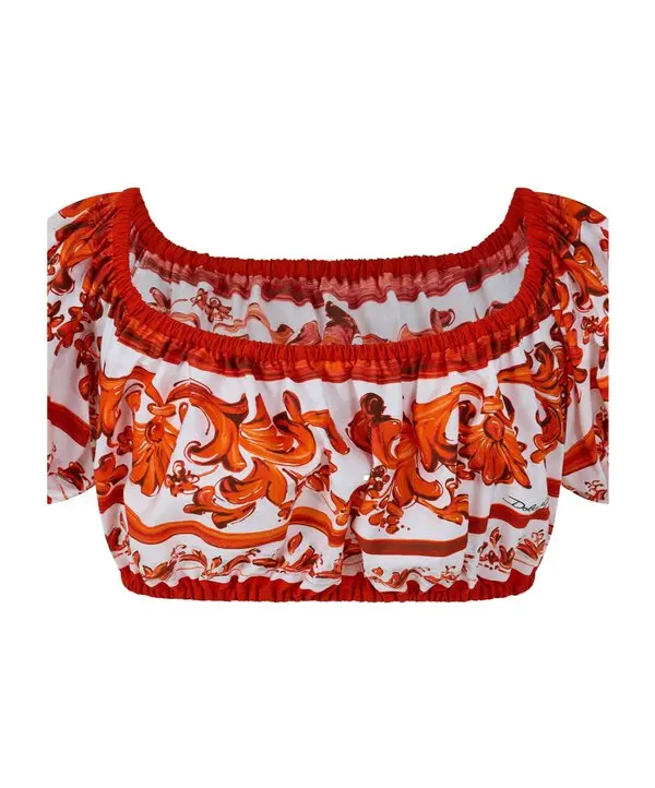 Dolce & Gabbana Short Sleeve Off-shoulder Printed Cropped Top