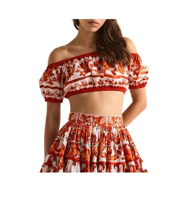 Dolce & Gabbana Short Sleeve Off-shoulder Printed Cropped Top