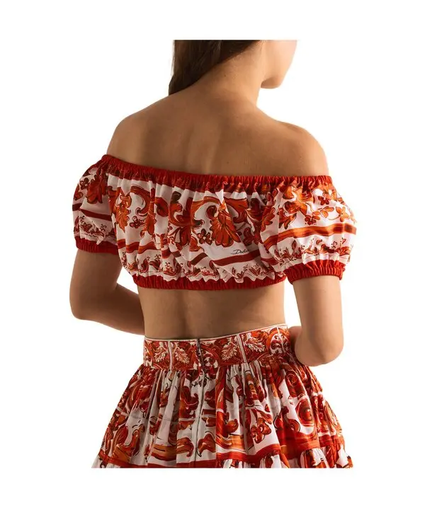 Dolce & Gabbana Short Sleeve Off-shoulder Printed Cropped Top