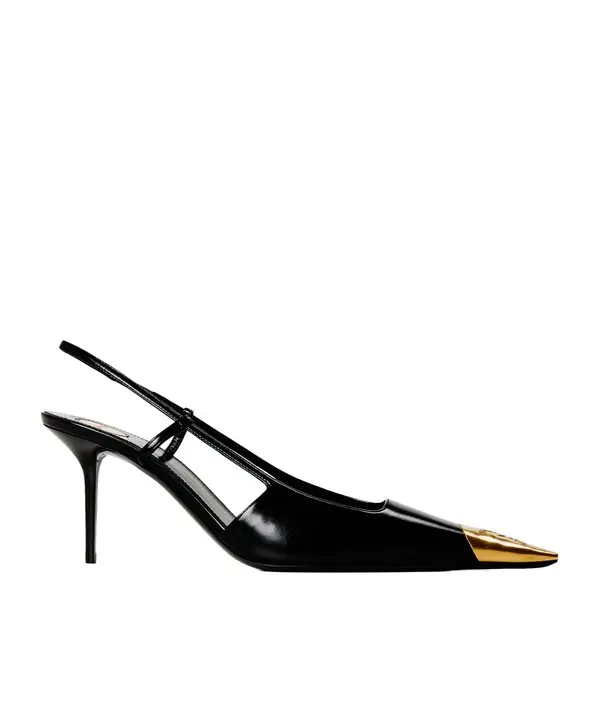 Saint Laurent Slingback High-heeled Pumps With Gold Tone Metal Toe Cap