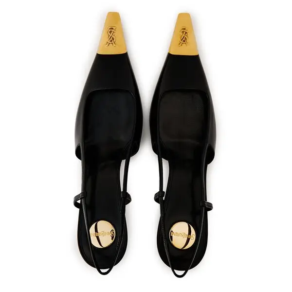 Saint Laurent Slingback High-heeled Pumps With Gold Tone Metal Toe Cap
