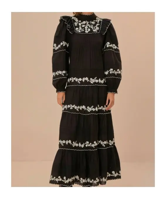 Farm Rio Embroidered Long Sleeve Maxi Dress