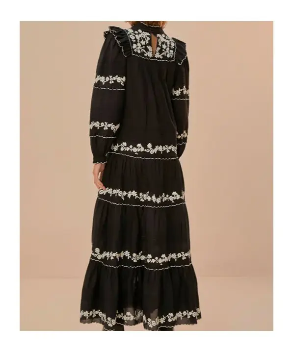 Farm Rio Embroidered Long Sleeve Maxi Dress