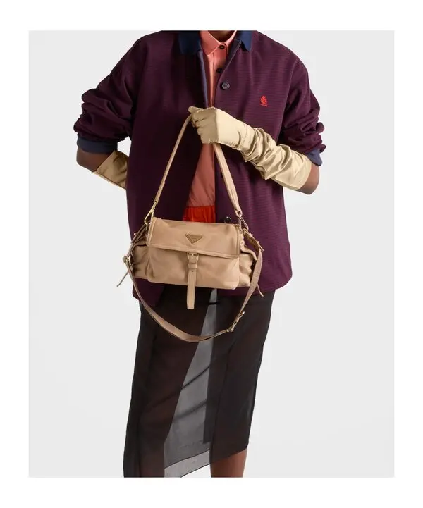 Prada Explore Medium Nappa Leather Shoulder Bag With Flap - Sand Beige