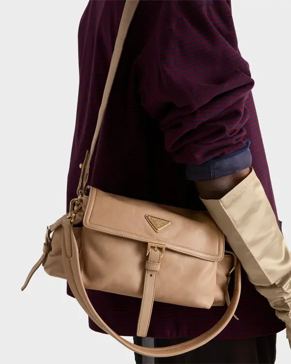 Prada Explore Medium Nappa Leather Shoulder Bag With Flap - Sand Beige