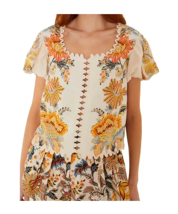 Farm Rio Floral-print Scallop-edge Top - Nude