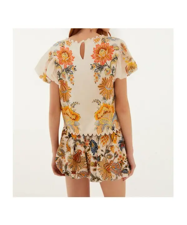 Farm Rio Floral-print Scallop-edge Top - Nude