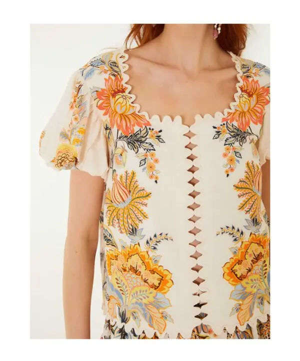 Farm Rio Floral-print Scallop-edge Top - Nude