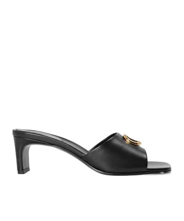 Gucci Leather Square-toe Slide Sandals With Metal Emblem