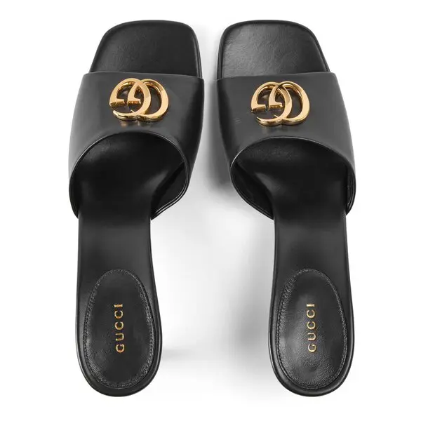 Gucci Leather Square-toe Slide Sandals With Metal Emblem