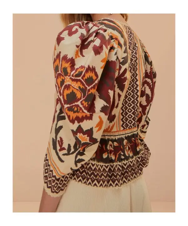 Farm Rio V-neck Puff Sleeve Printed Peplum Blouse - Nude