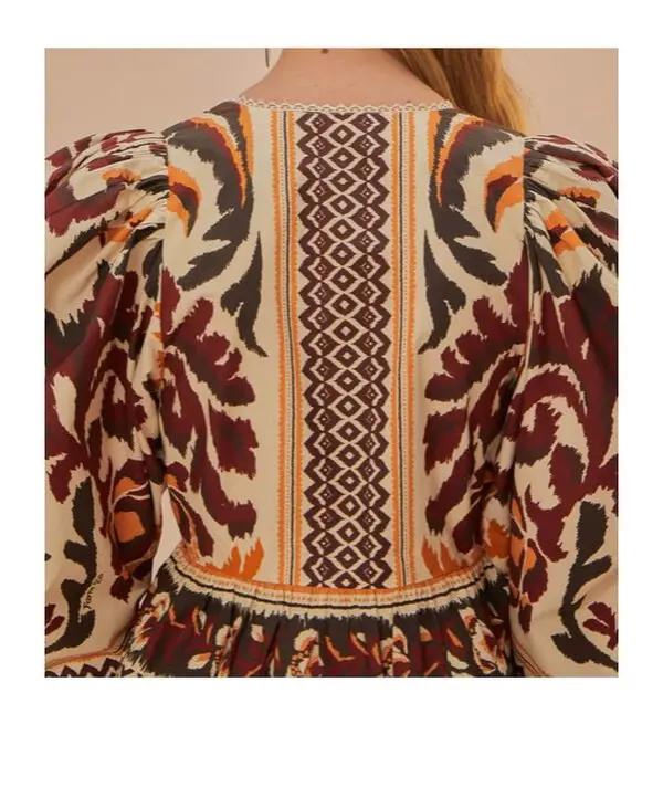 Farm Rio V-neck Puff Sleeve Printed Peplum Blouse - Nude