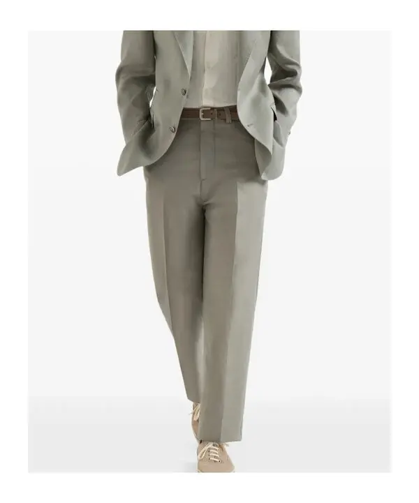 Brunello Cucinelli Cotton And Linen Panama Trousers With Pleat - Gray