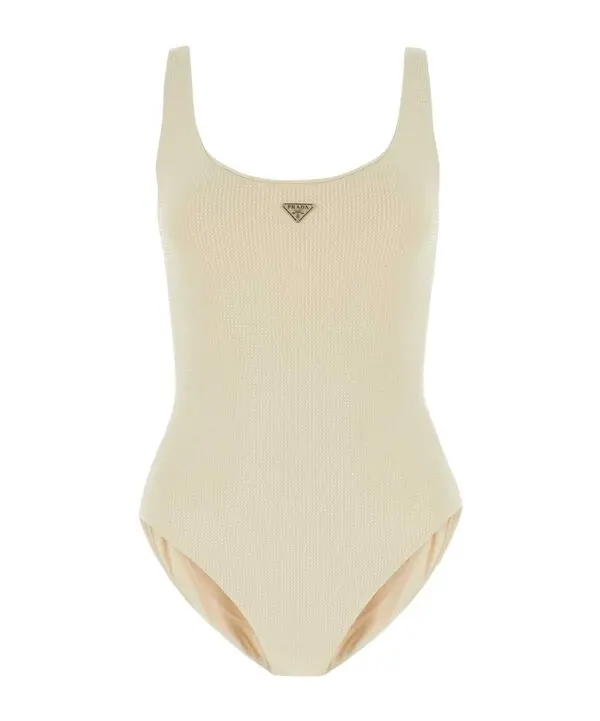 Prada Logo Plaque Sleeveless One-piece Swimsuit - Nude