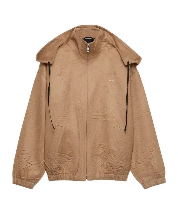 Prada Camel Cashmere Blend Blouson Jacket With Drawstring Hood