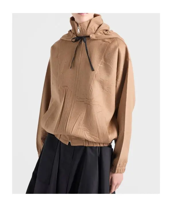 Prada Camel Cashmere Blend Blouson Jacket With Drawstring Hood