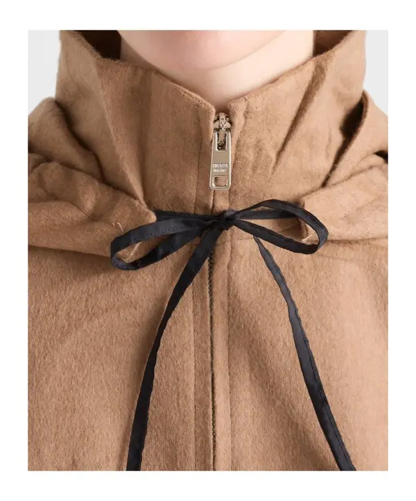 Prada Camel Cashmere Blend Blouson Jacket With Drawstring Hood