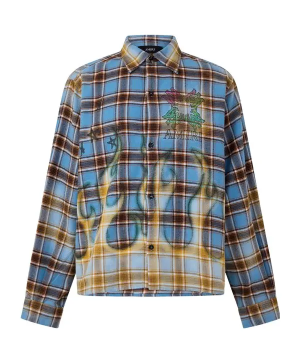 Amiri Plaid Tiedye Flameprint Longsleeve Shirt