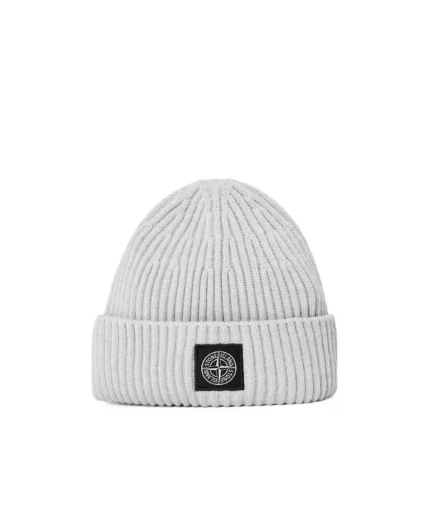 Stone Island Light White Ribbed Knit Beanie