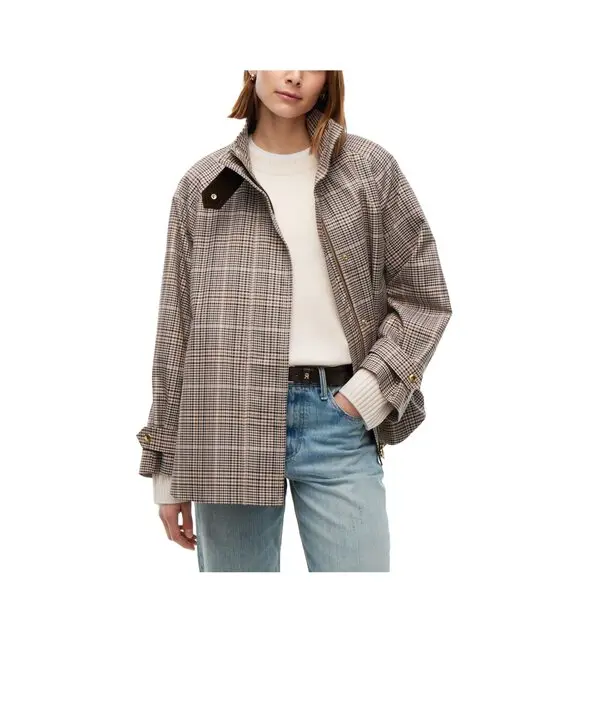 Tommy Hilfiger Plaid Stand-collar Short Jacket With Suede Trim