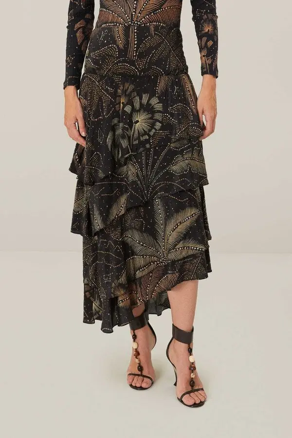 Farm Rio Foliage Tiered Printed Midi Skirt