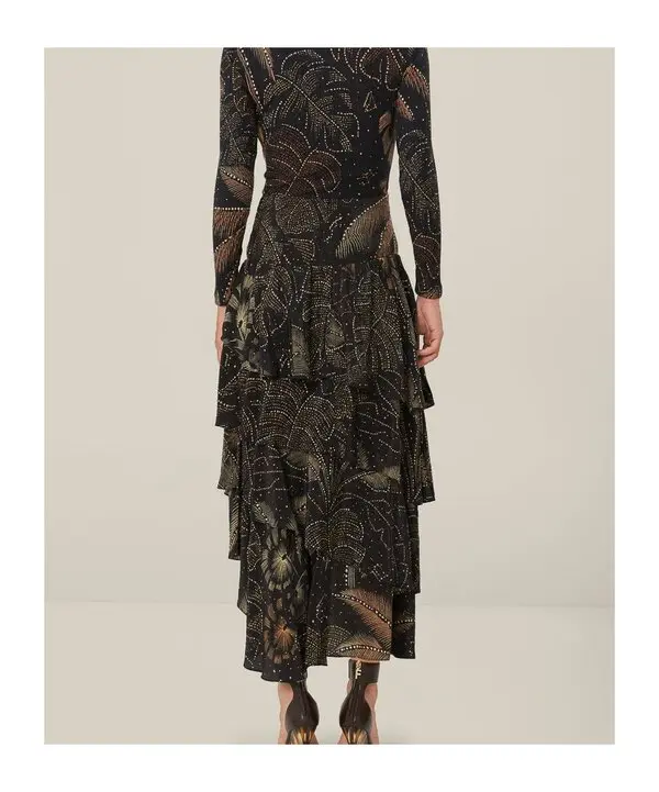 Farm Rio Foliage Tiered Printed Midi Skirt