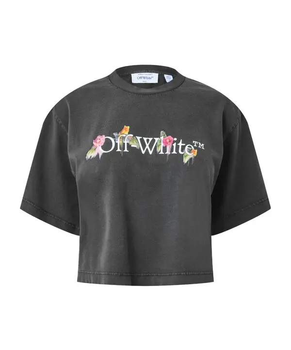 Off-White Floral Letter Print Cropped T-shirt
