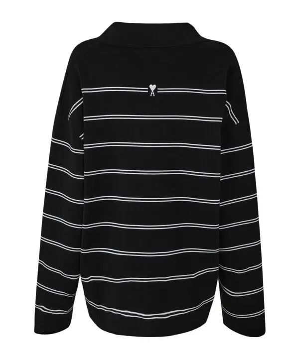 AMI Paris Striped Long Sleeve Polo Top - No