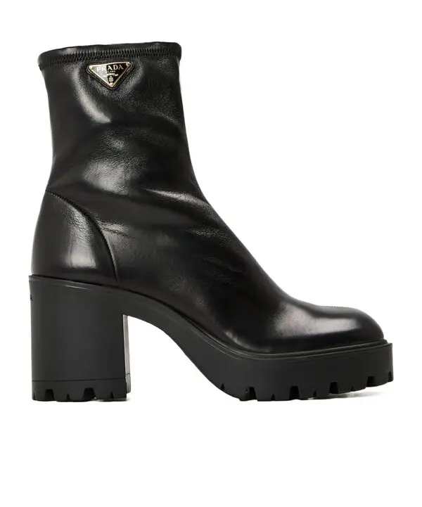 Prada Ankle High Heeled Boots With Platform Sole - Black