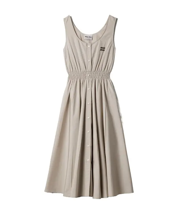 Miu Miu Sleeveless Poplin Midi Dress With Embroidered Logo - Limestone Color