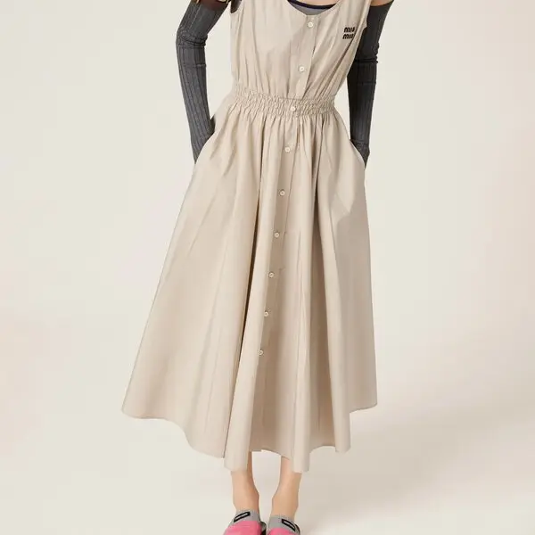 Miu Miu Sleeveless Poplin Midi Dress With Embroidered Logo