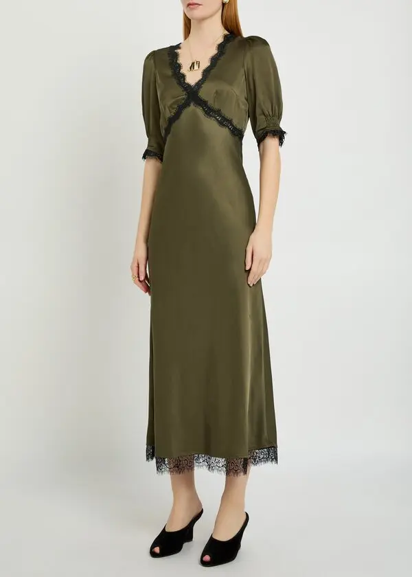 Rixo Annina Lace-embellished Satin Midi Dress