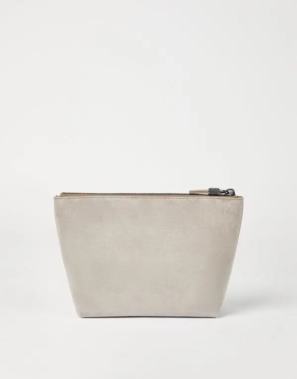 Brunello Cucinelli Suede Pouch With Shiny Zipper Pull - Light Gray