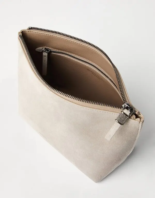 Brunello Cucinelli Suede Pouch With Shiny Zipper Pull - Light Gray