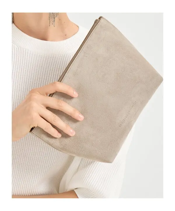Brunello Cucinelli Suede Pouch With Shiny Zipper Pull - Light Gray