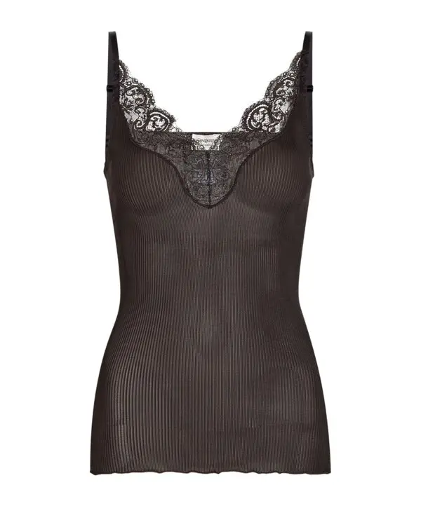 Saint Laurent Lace-trimmed Ribbed Silk Tank Top - Black