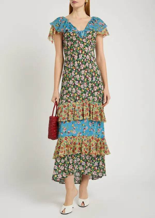 Rixo Benoite Floral Ruffled Silk Midi Dress