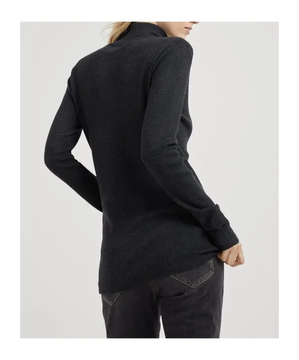 Brunello Cucinelli Ribbed Knit High Neck Top With Zip Detail - Anthracite